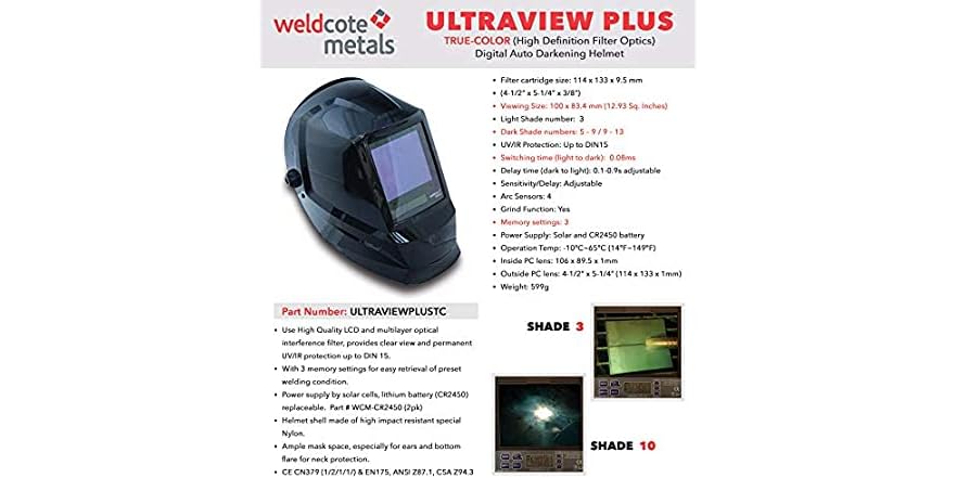 Weldcote Metals Welding Helmet Shade 9-13, Black