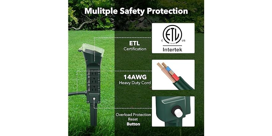 BN-LINK Outdoor 6ft Ext Cord Stake with 6 Outlets