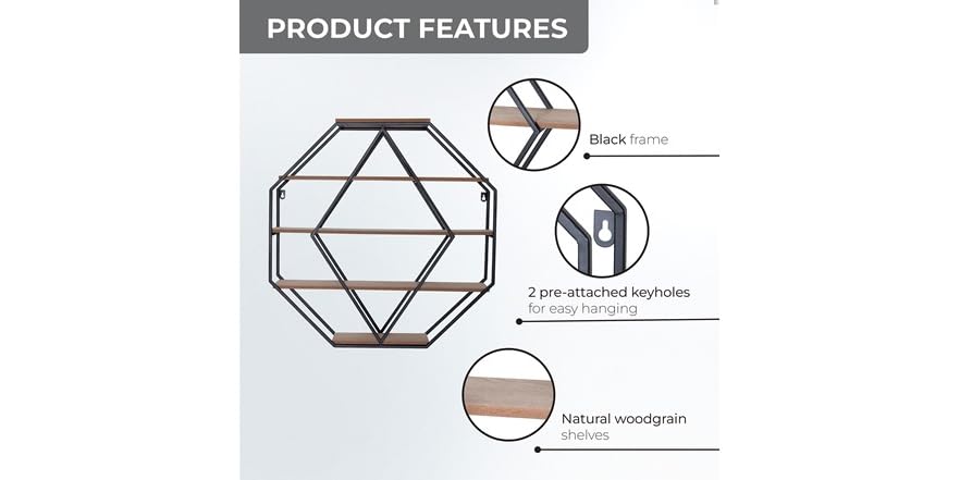 Octagonal Metal and Wood Floating Shelf