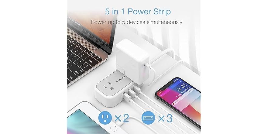 TESSAN 5ft Mini Power Strip (2 Outlets, 3 USB-A Ports)
