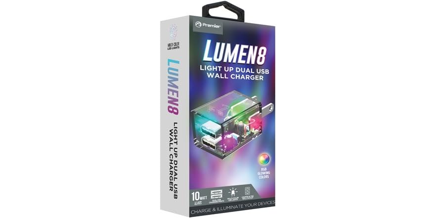 (2 Pack) 10W Lumen8 Light-up Dual USB Wall Charger