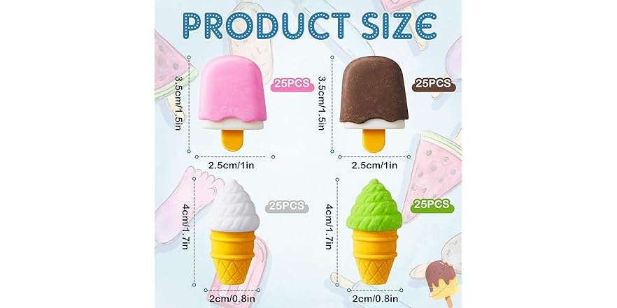 100 Pack Colorful Mini Ice Cream Erasers