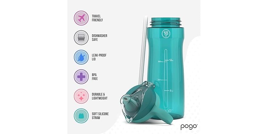 Pogo Bottle with Soft Straw Lid, 18 oz, Teal