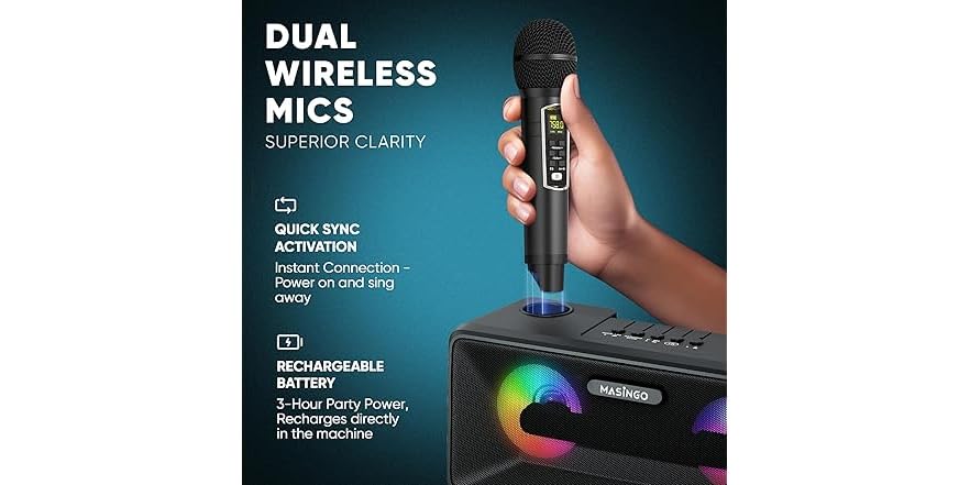 (NEW) MASINGO Karaoke Machine with 2 Wireless Microphones