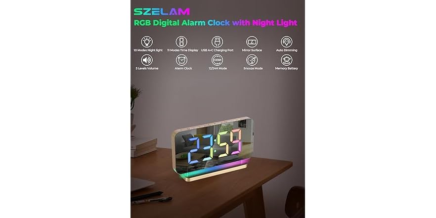 RGB Mirror Digital Alarm Desk Clock