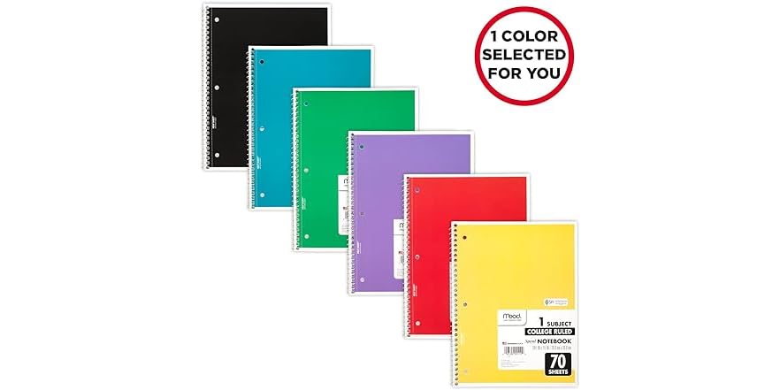 Mead Spiral Notebooks, 1 Subject, College Ruled, 70 Sheets, Assorted Colors
