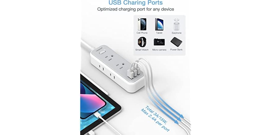 TESSAN 6ft Mini Power Strip (6 Outlets, 3 USB Ports)