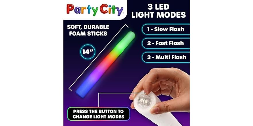Party City 48pk LED Foam Glow Sticks 14”