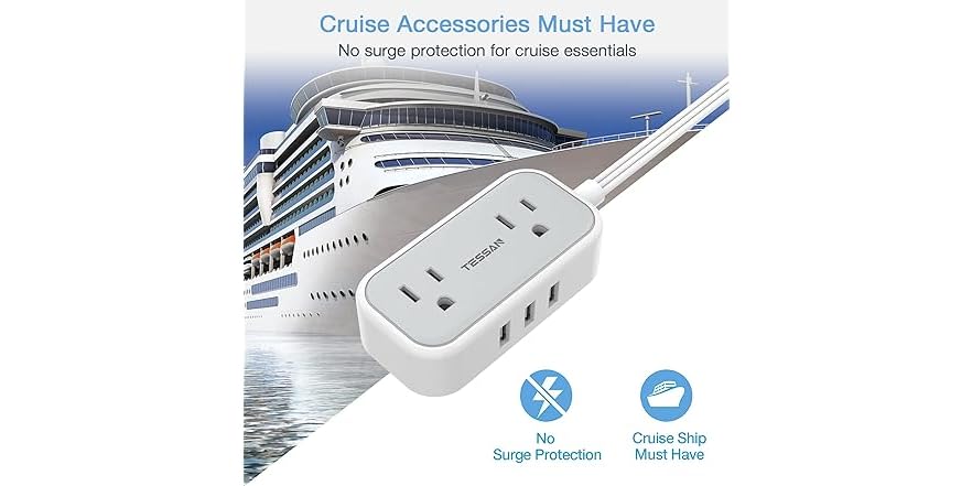 TESSAN 5ft Flat Plug Mini Power Strip (2 Outlets, 3 USB-A Ports)