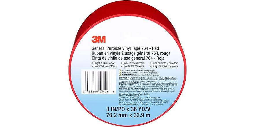 3M Vinyl Tape 764, 3 in x 36 yd, Red