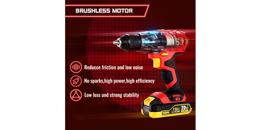 TECCPO 20V Brushless Drill Driver Kit w/ 2 Batteries