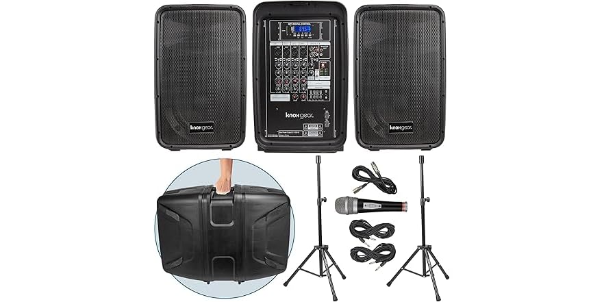(NEW) Knox Gear Dual 8” 300 Watt Speakers & Mixer w/Tripod Stands