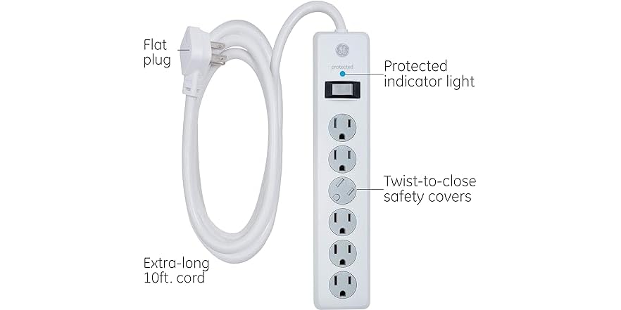(4 PACK) GE 6-Outlet Surge Protector 10 Ft Extension Cord