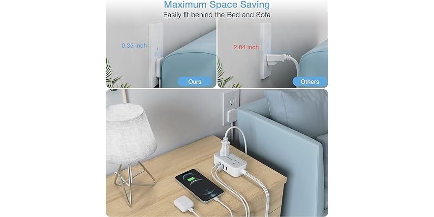 TESSAN 5ft Flat Plug Mini Power Strip (2 Outlets, 3 USB-A Ports)
