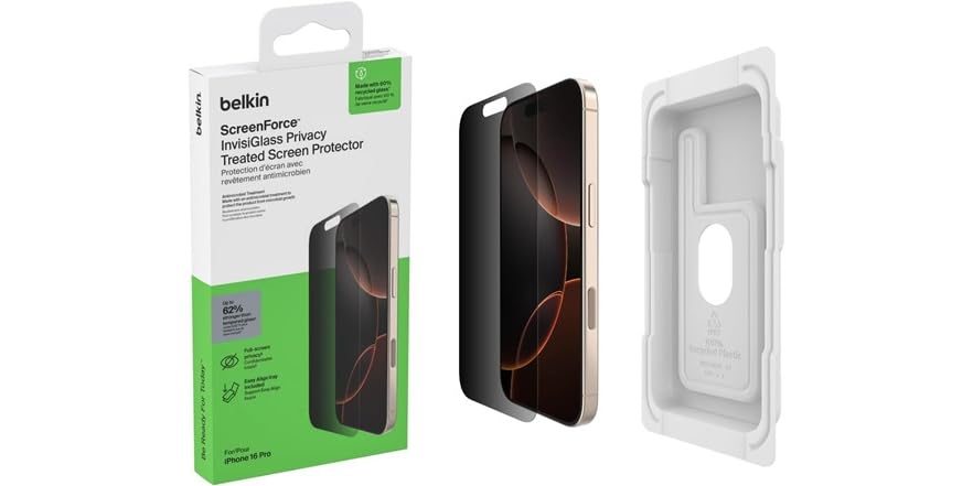 Belkin ScreenForce InvisiGlass Privacy Screen Protector for iPhone 16 ...