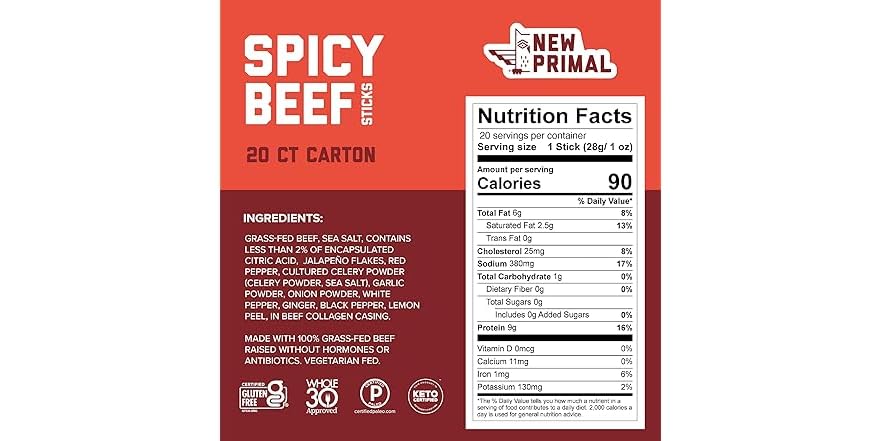 New Primal Spicy Beef Sticks, 20ct