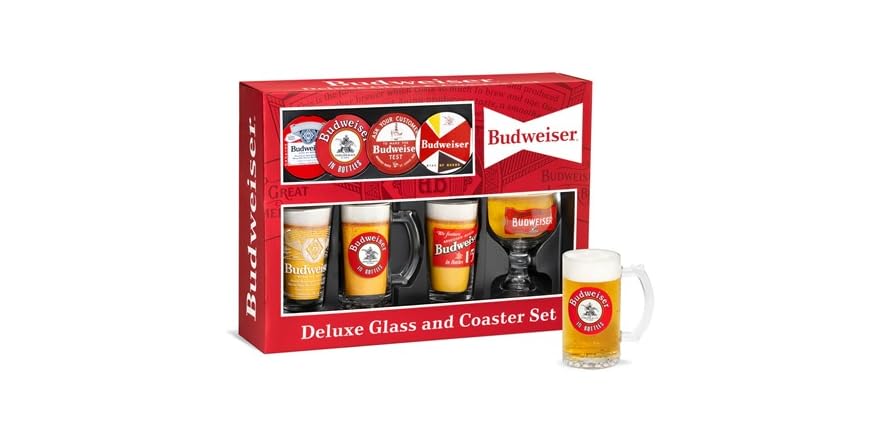 Budweiser 4 Beer Glass and Coaster Deluxe Gift Set
