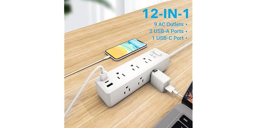 Clear Power 2-Outlet Power Strip with 3 USB Ports(1 USB-C)