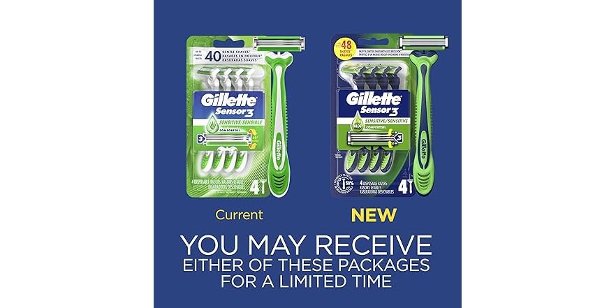 Gillette Sensor3 Sensitive Men's Disposable Razor, 4 Razors
