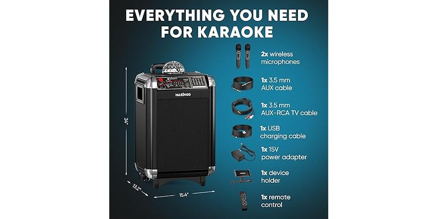 MASINGO X1 Karaoke Machine w/ 2 Wireless BT Microphones
