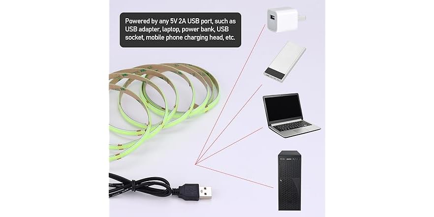 5V USB COB Green LED Strip Light 2 Pack
