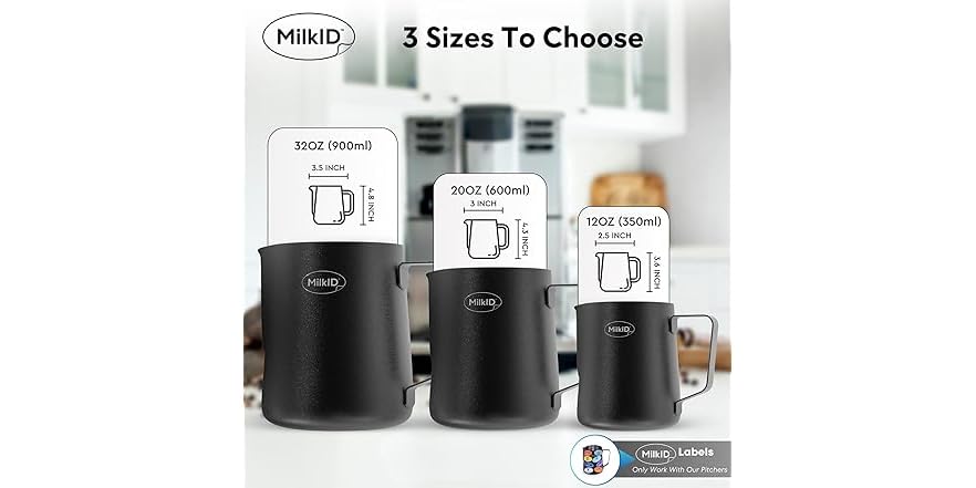 MilkID Milk Frothing Pitcher with Snap-On Labels