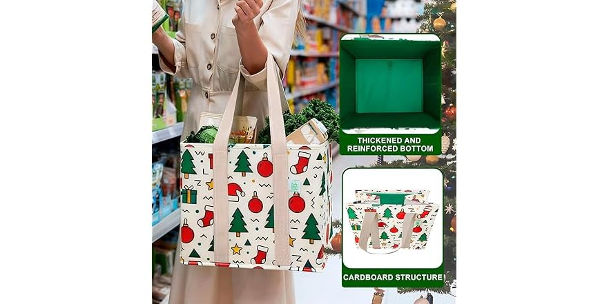 VENO 3 Pack Christmas Reusable Grocery Bags, 6 Gal