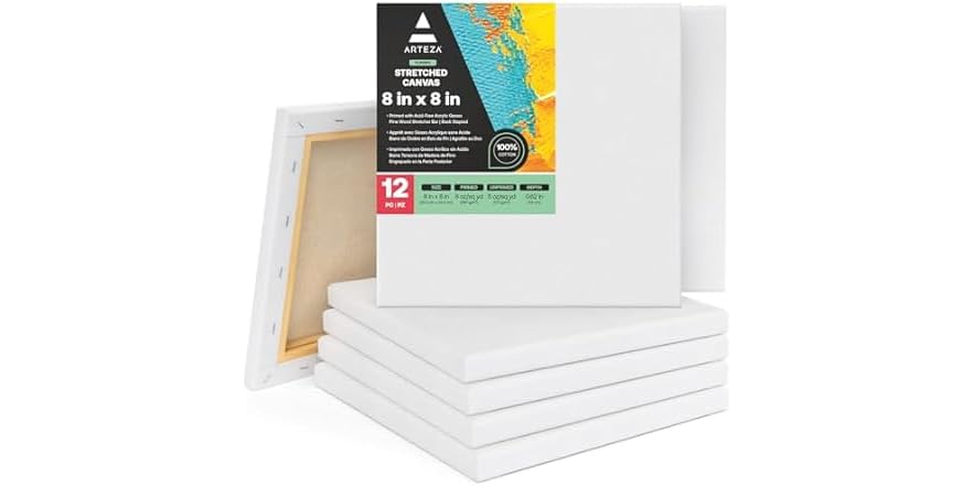 ARTEZA Stretched Canvas, 8 x 8 Inches, Pack of 12