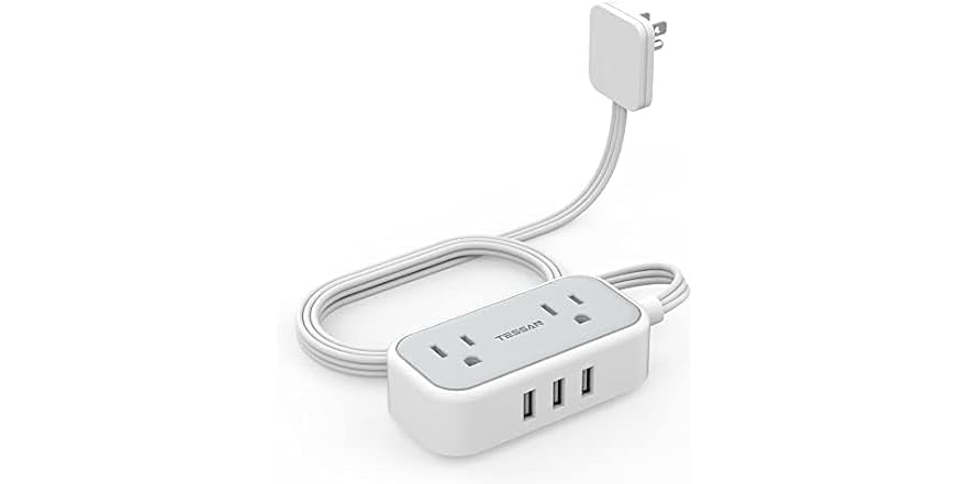 TESSAN 5ft Flat Plug Mini Power Strip (2 Outlets, 3 USB-A Ports)