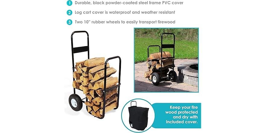 Sunnydaze QX-FLC-COMBO Rolling Log Cart w/ Cover