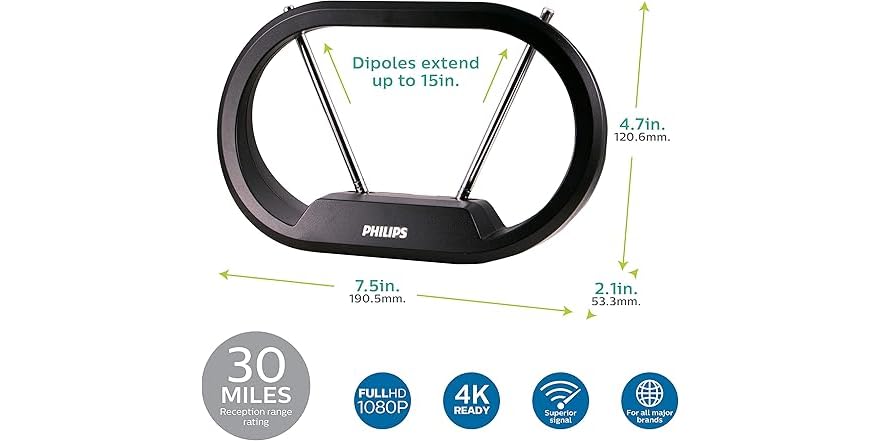 Philips Indoor TV Antenna Rabbit Ears for Local Channels