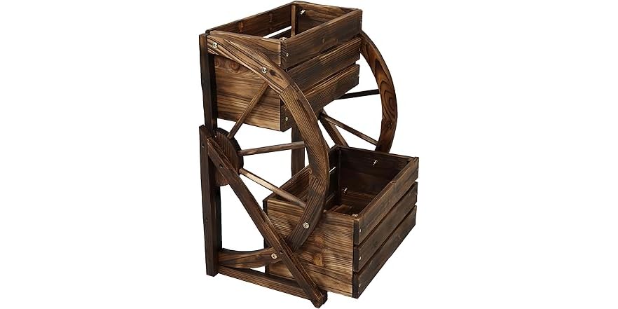 Sunnydaze Wagon Wheel 2-Tier Rustic Wood Plant Stand