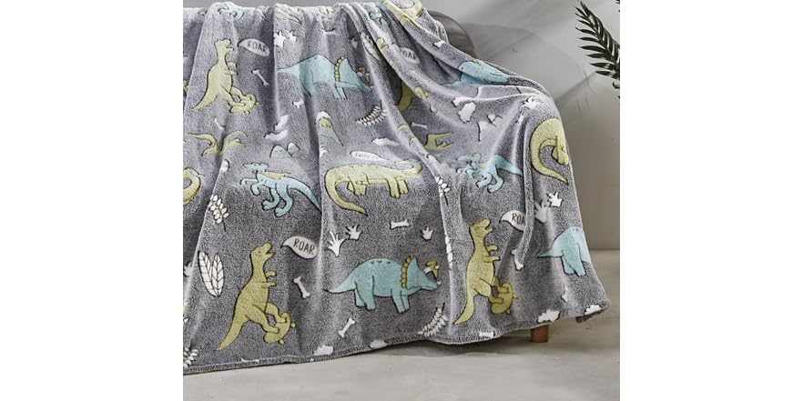 2Pk Glow In The Dark Throw Grey Dino Friends