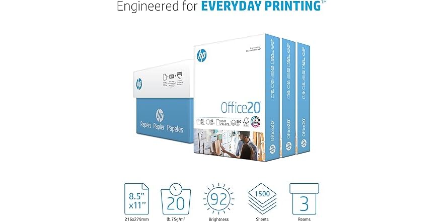 HP Printer Paper | 8.5 x 11 Paper | Office 20 lb | 3 Ream