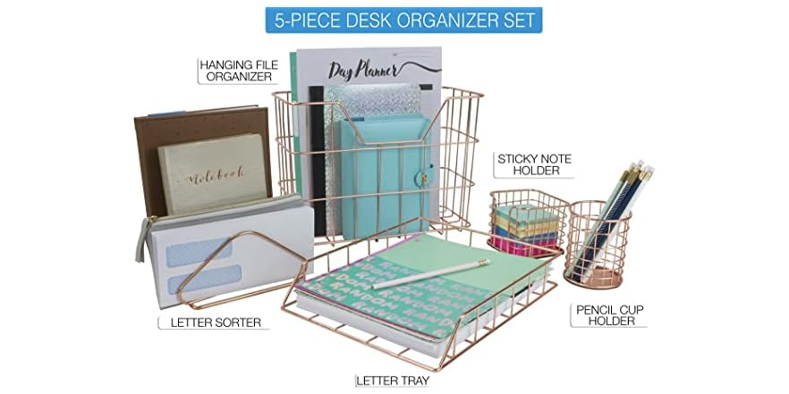 Wire Metal 5 in 1 Desk Organizer Set White
