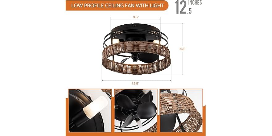 Parrot Uncle F8259-PU Rustic Low Profile Ceiling Fan