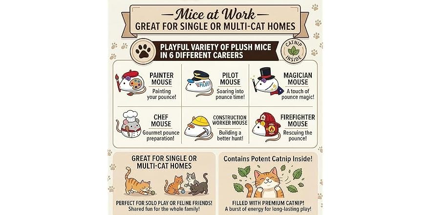 SPOT Mice at Work Cat Toys, Catnip Filled Plush Mice