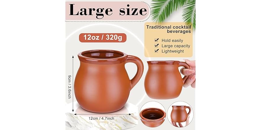 6 PC 12OZ Mexican Clay Teracotta Mugs