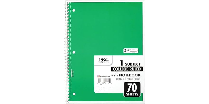 Mead Spiral Notebooks, 1 Subject, College Ruled, 70 Sheets, Assorted Colors