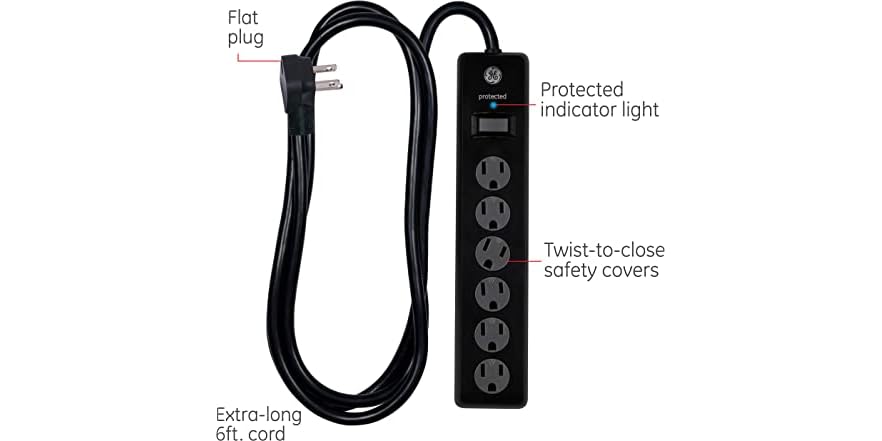 (2 Pack) GE 6-Outlet 6ft Surge Protector, 800 Joules, Flat Plug