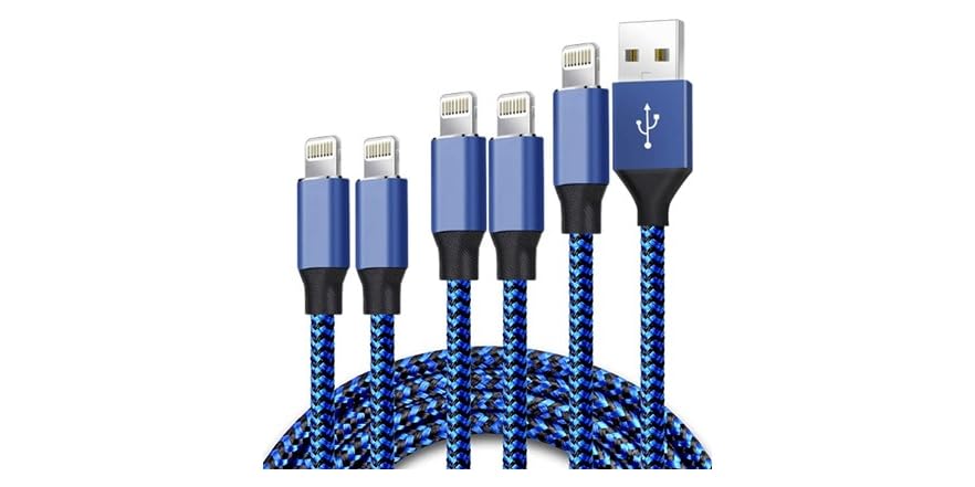 (5 Pack) Nylon Braided Lightning Charging Cables (3ft/3ft/6ft/6ft/10ft)