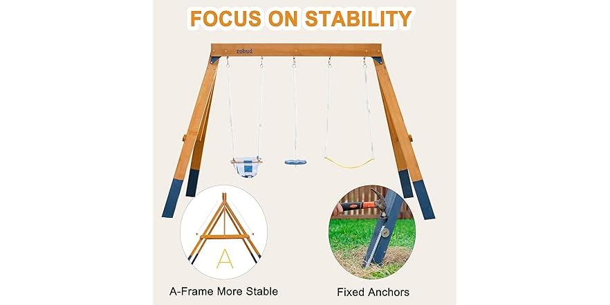 ROBUD 3-in-1 Playground Wooden Swing Sets for Backyard