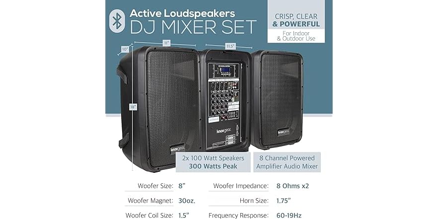 (NEW) Knox Gear Dual 8” 300 Watt Speakers & Mixer w/Tripod Stands