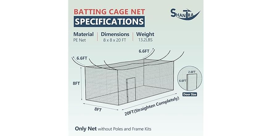 SHANTRA Batting Cage Netting - 55'L/35'L/20'L, Enclosed Baseball ...