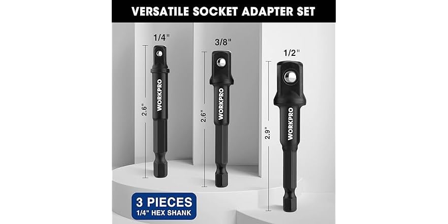 WORKPRO 3-Piece Socket Adapter Extension Set, 1/4, 3/8, 1/2-Inch Drive