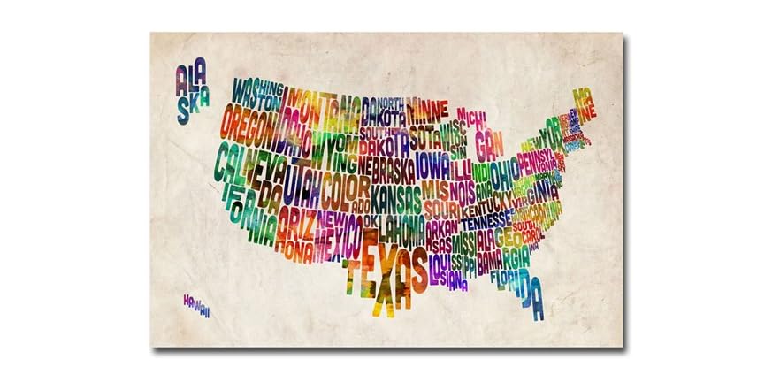 US States Text Map Canvas Art