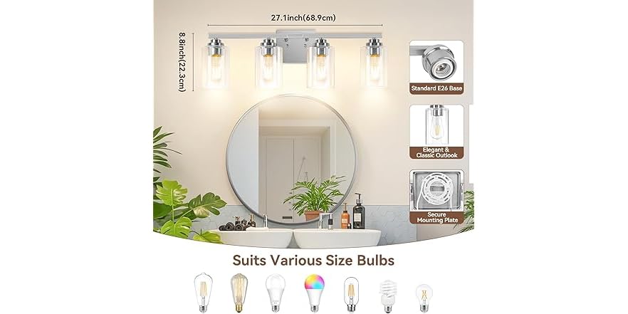 VerRon 4-Light Bathroom Light Fixtures, 27", Nickel