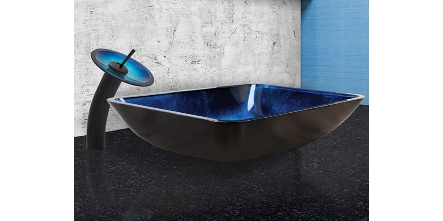 VIGO Rectangular Turquoise Water Glass Vessel Sink and Waterfall Faucet Set