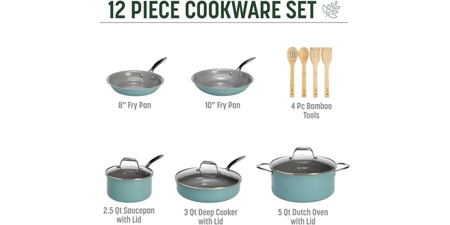 Goodful Ceramic Nonstick Pots and Pans Set, 12-Piece