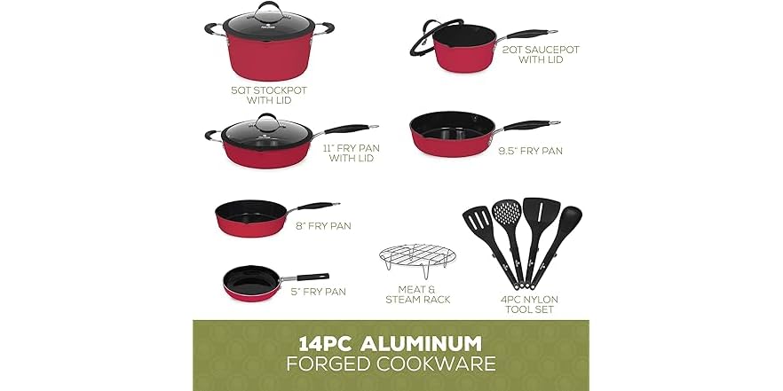 Paula Deen DFCW12RR 14 Piece Cookware Set Ruby Red